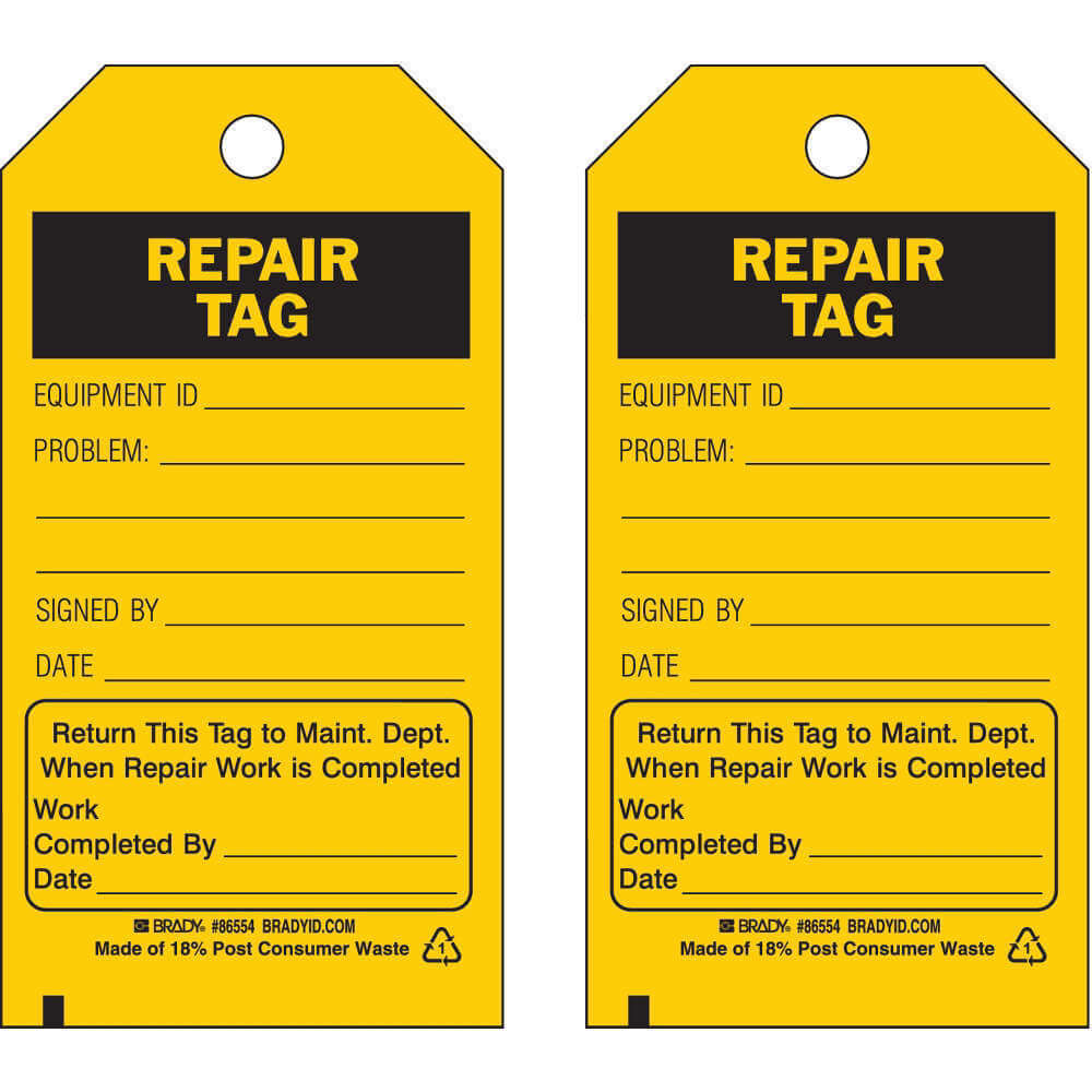 Brady 86434 | Repair Tag 5-3/4 x 3 Inch Black/yellow 3/8 Inch - Pack Of ...